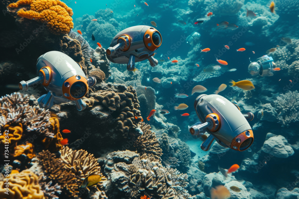 Robotic observation marine life in the ocean background, Underwater ...