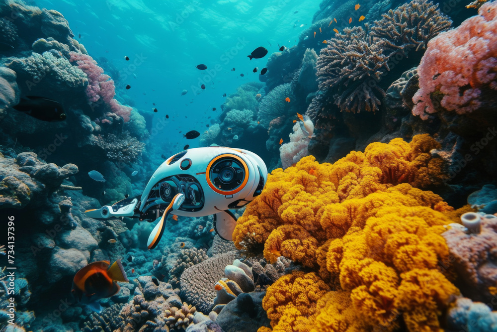 Robotic observation marine life in the ocean background, Underwater ...