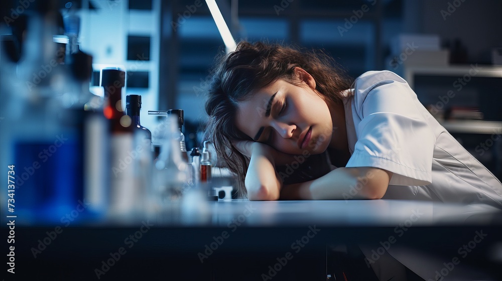 Science, exhausted and scientist taking nap in lab after working on ...