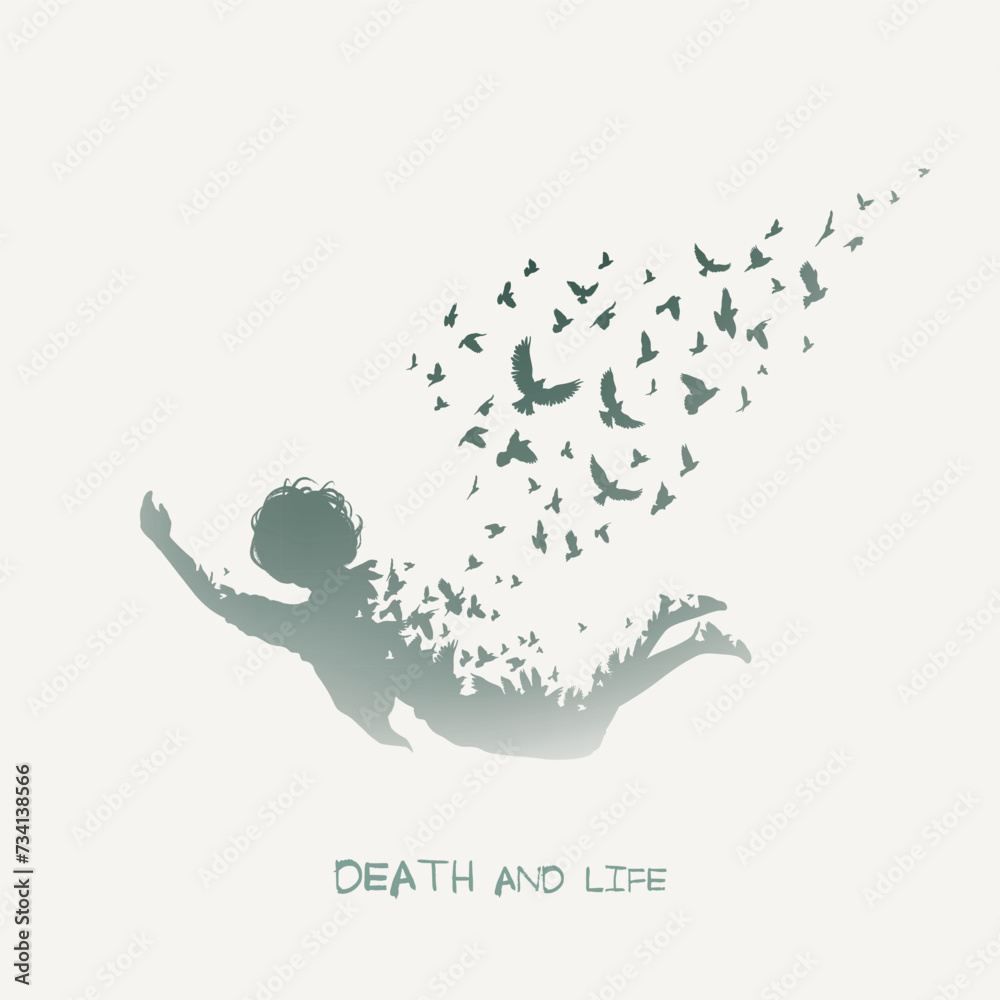Lonely falling man. Death, afterlife. Flying bird. Isolated silhouette ...