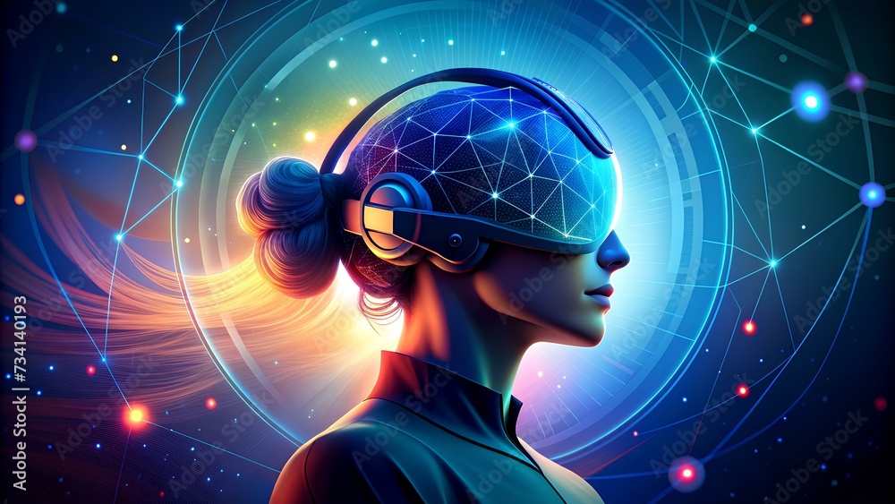 Immersive VR/BCI Illustration: Woman Engages with Digital World via Mind Interface, Futuristic ...