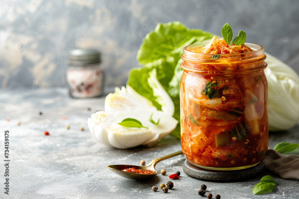 jar with homemade fermented cabbage kimchi traditional Korean dish ...