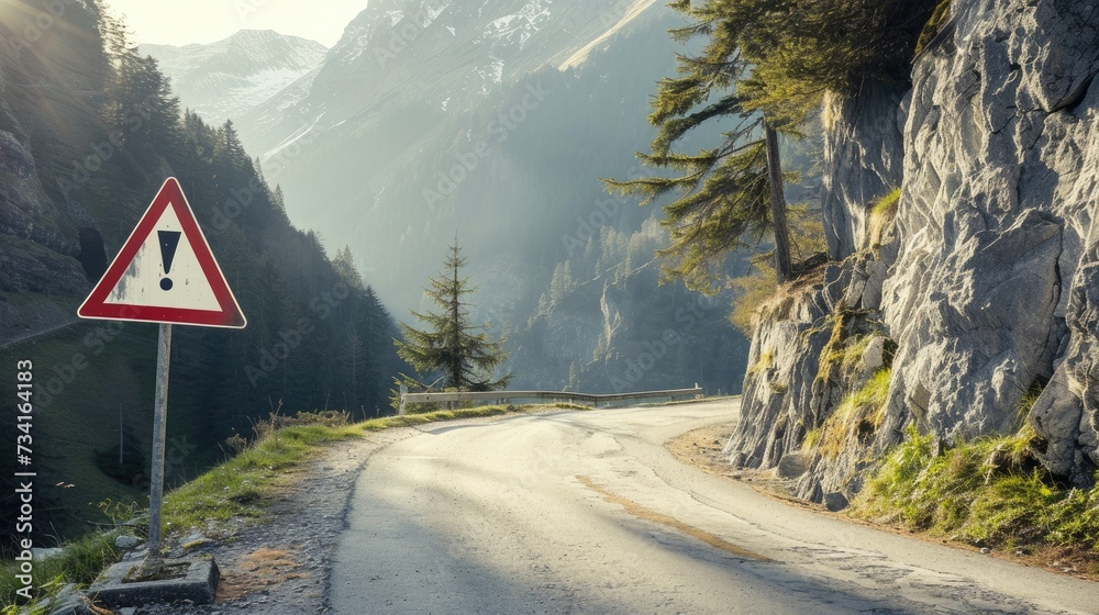 Mountainous road safety - danger alert sign with red triangle and ...