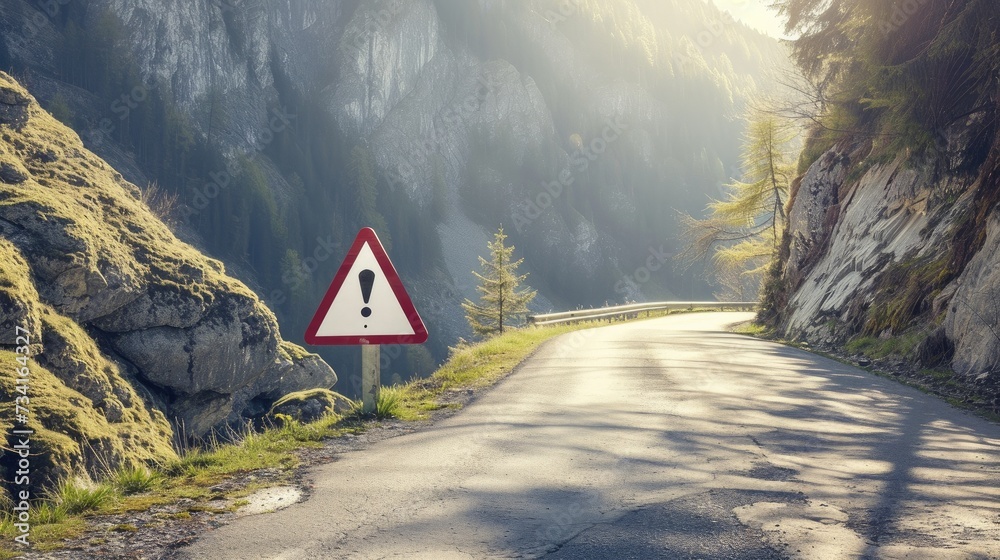 Mountainous road safety - danger alert sign with red triangle and ...