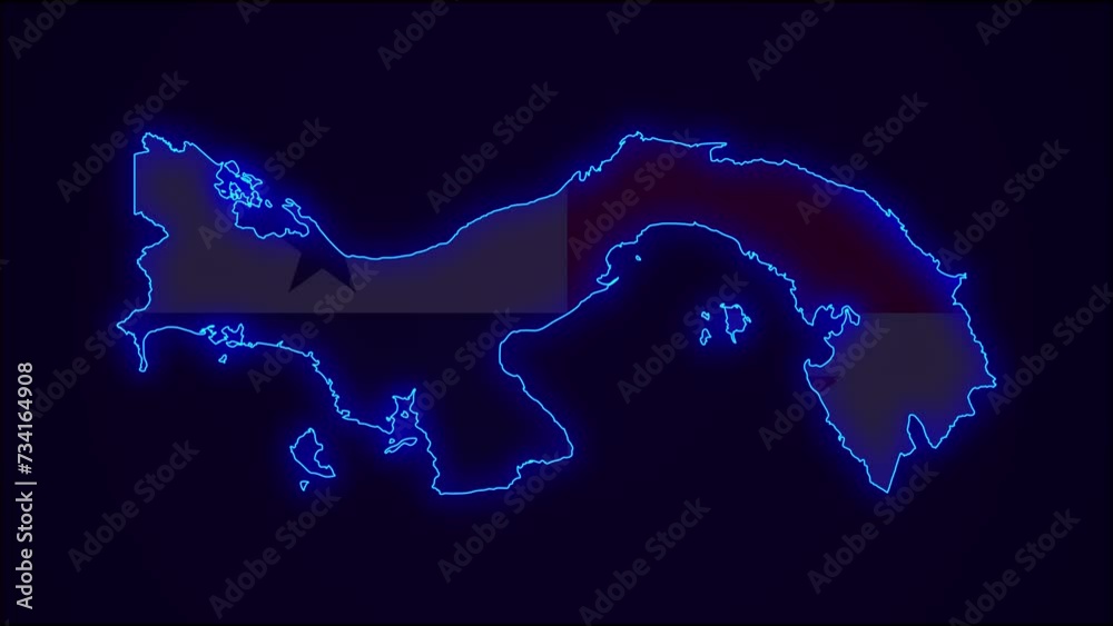Panama Map Outline Country Border on dark blue. Neon Lights colorful ...