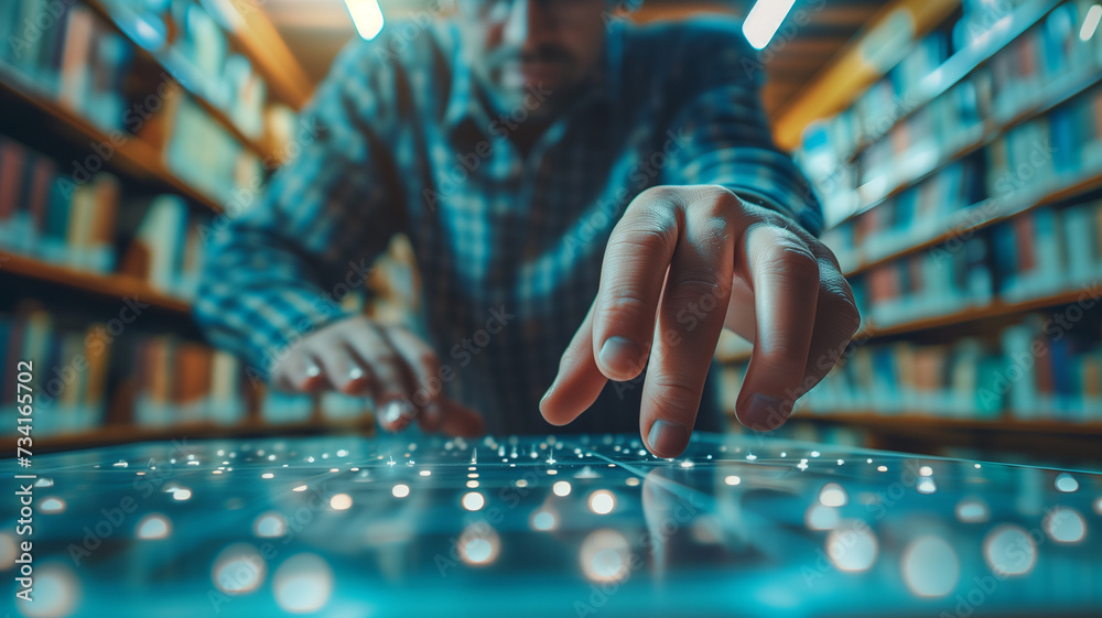 A visually impaired person reading Braille in a well-lit library ...