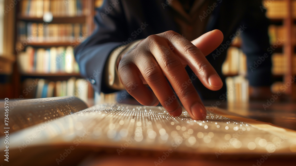 A visually impaired person reading Braille in a well-lit library ...