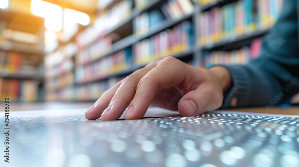 A visually impaired person reading Braille in a well-lit library ...