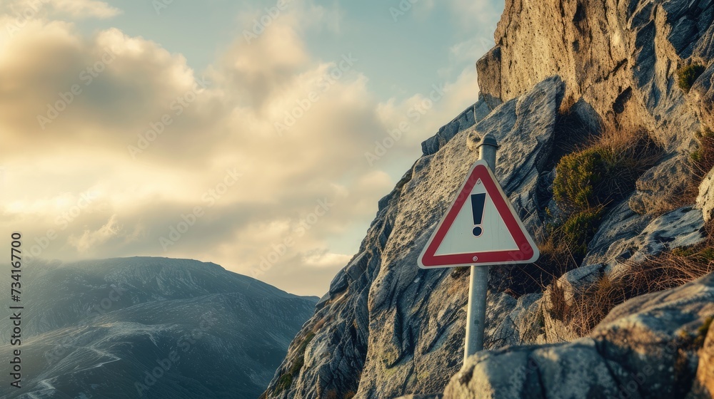 Mountainous road safety - danger alert sign with red triangle and ...