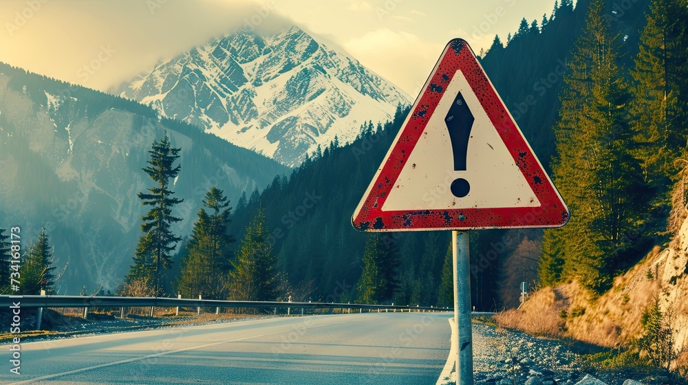 Mountainous road safety - danger alert sign with red triangle and ...