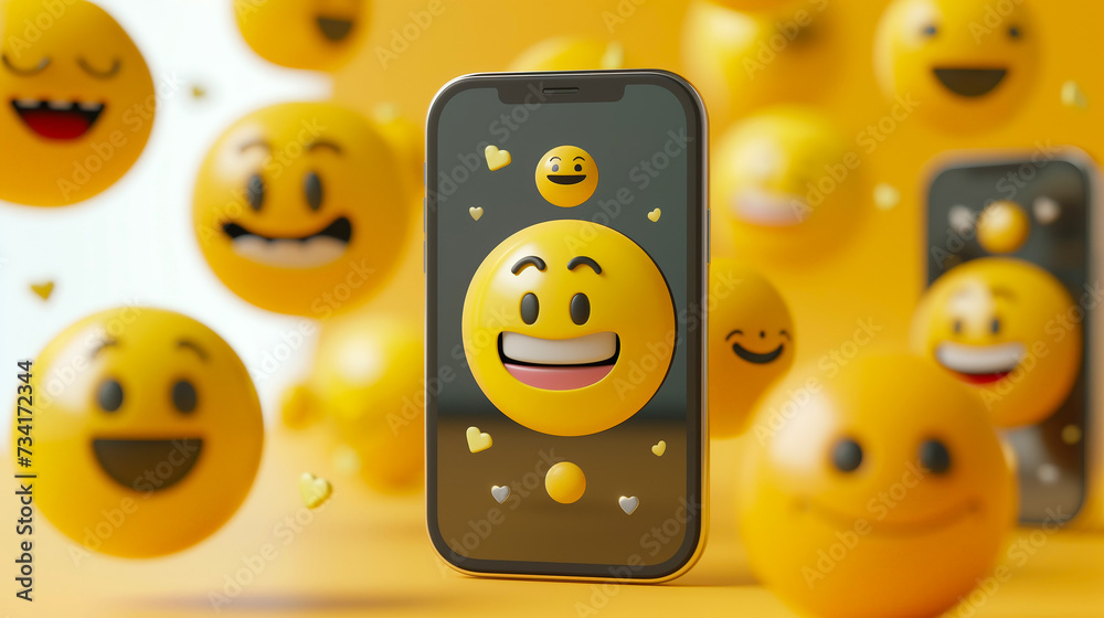 A smartphone with a raised yellow emoticon against the background of a ...