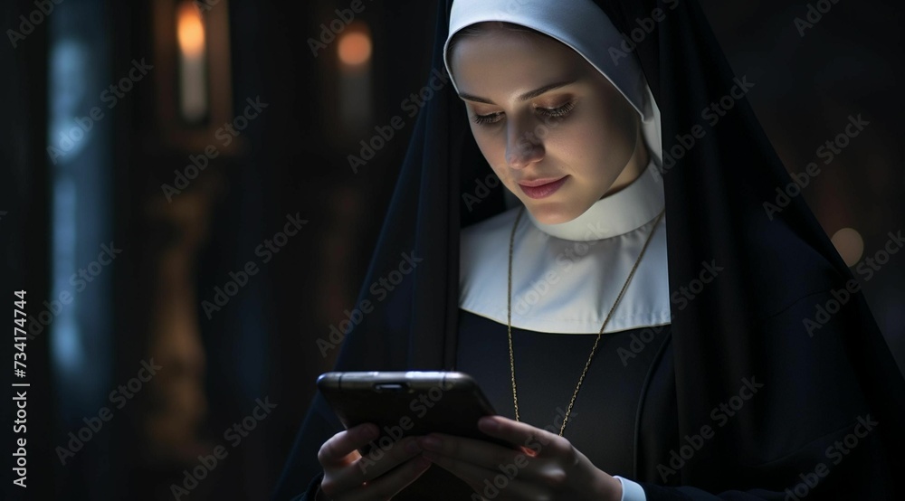 AI illustration of a religious nun looking down in contemplation at a ...