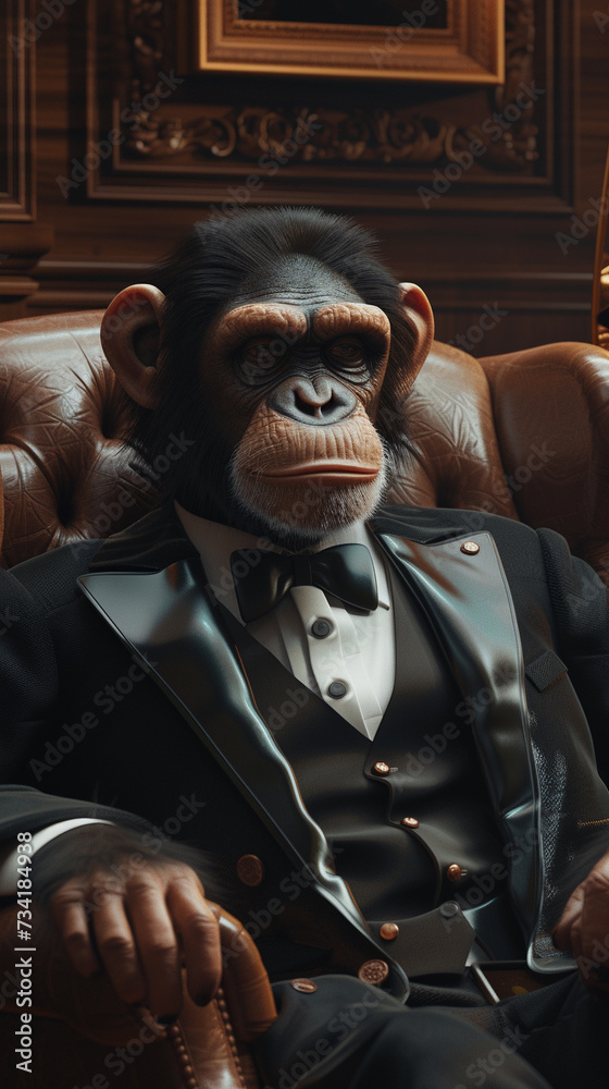 An illustrative representation of a monkey in a white collar suit ...