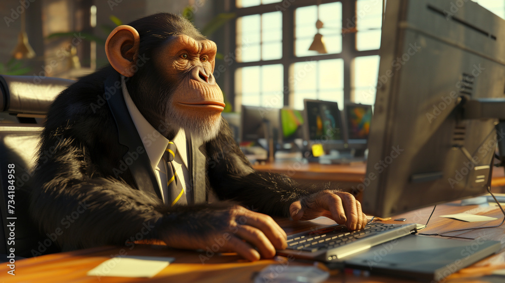 An intriguing 3D animation of a white collar monkey hard at work typing ...