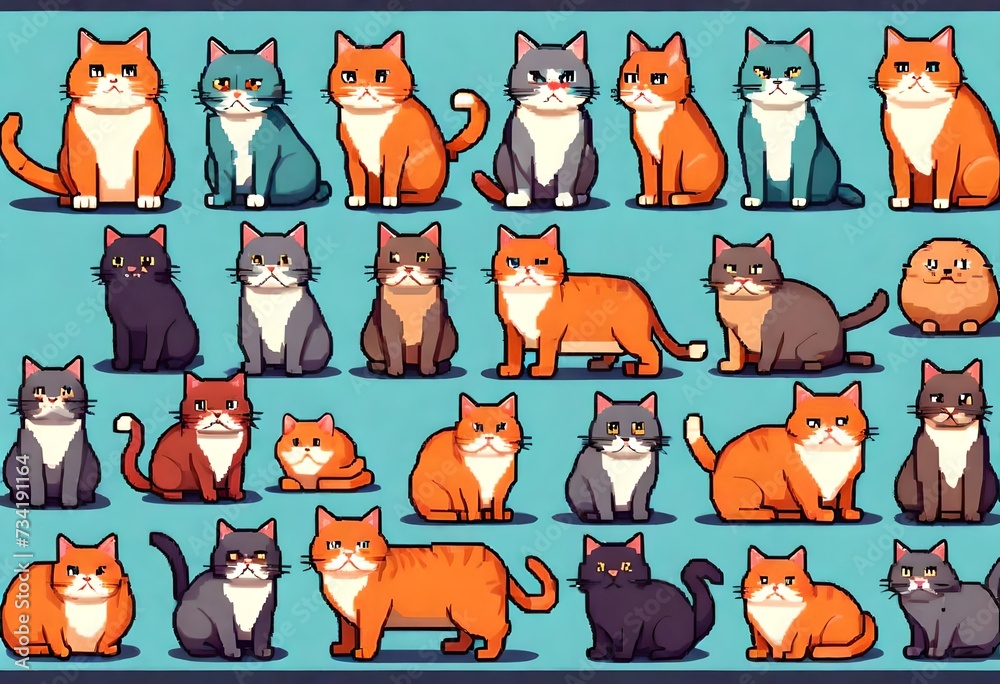 Pixel collection of 8 bit cat. Animal for game assets and cross stitch patterns in vector ...