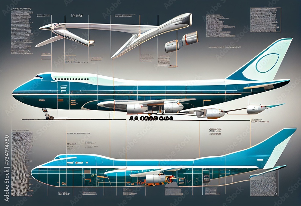 Side view technical illustration of a Boeing 747. Generative AI Stock ...