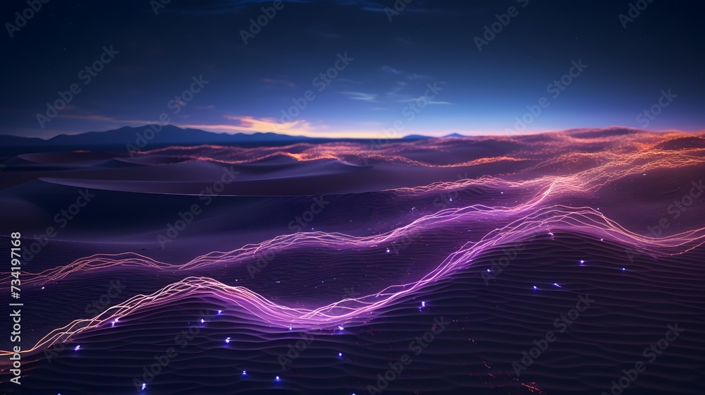 A surreal desert of pixelated sand dunes, where glitchy creatures made ...