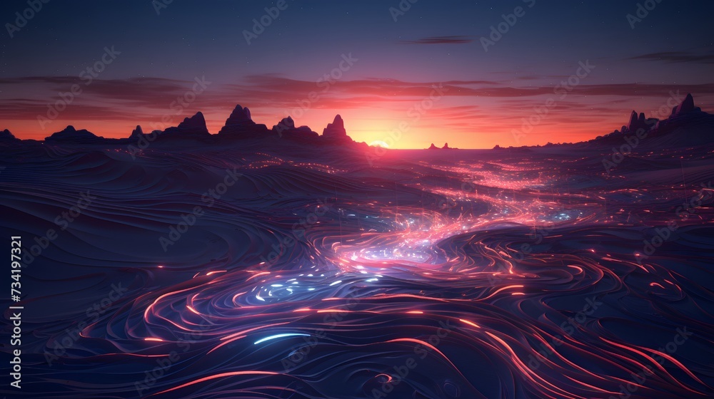 A surreal desert of pixelated sand dunes, where glitchy creatures made ...