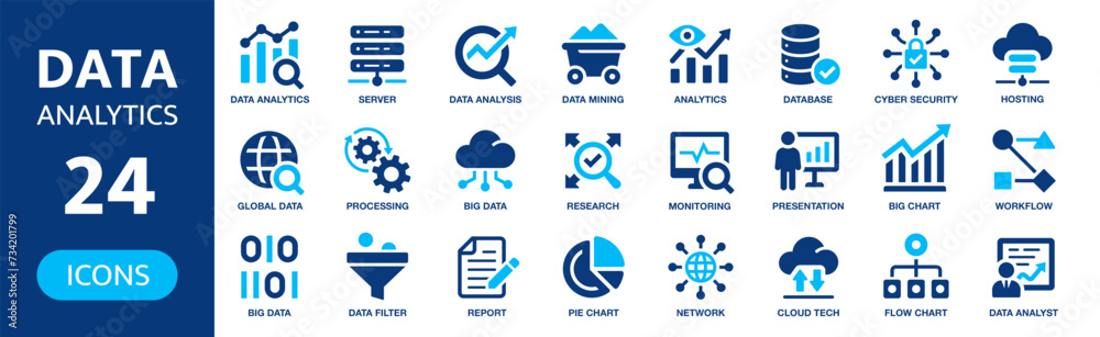 Data analytics icons. 24 simple icons contain symbols data analysis, analytic, database ...