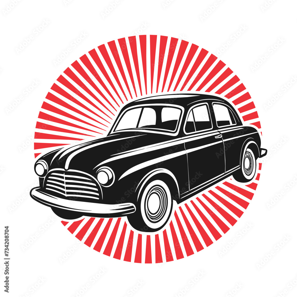 Black Vintage retro car with red sunburst in circle. Classic auto ...