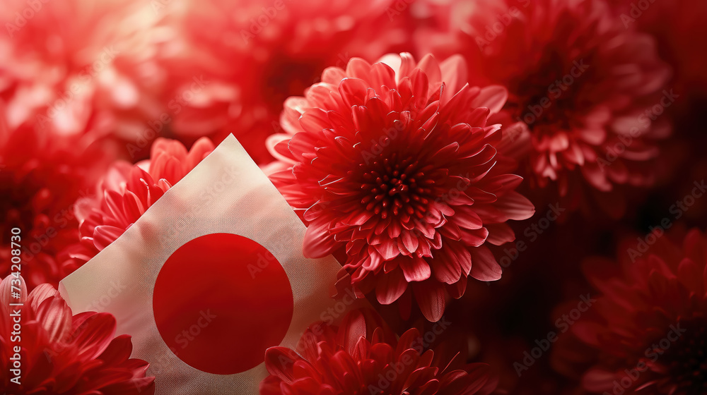 Japanese flag and symbol of Japan chrysanthemums, red circle, white ...