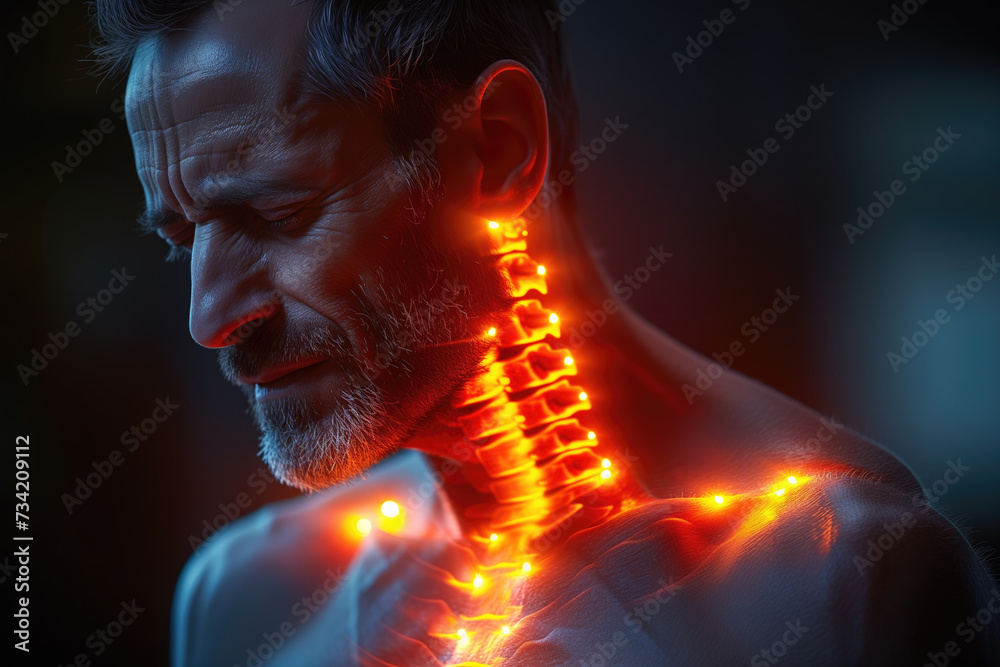 Hernia of the cervical spine, cervicalgia and neck pain, man suffering ...