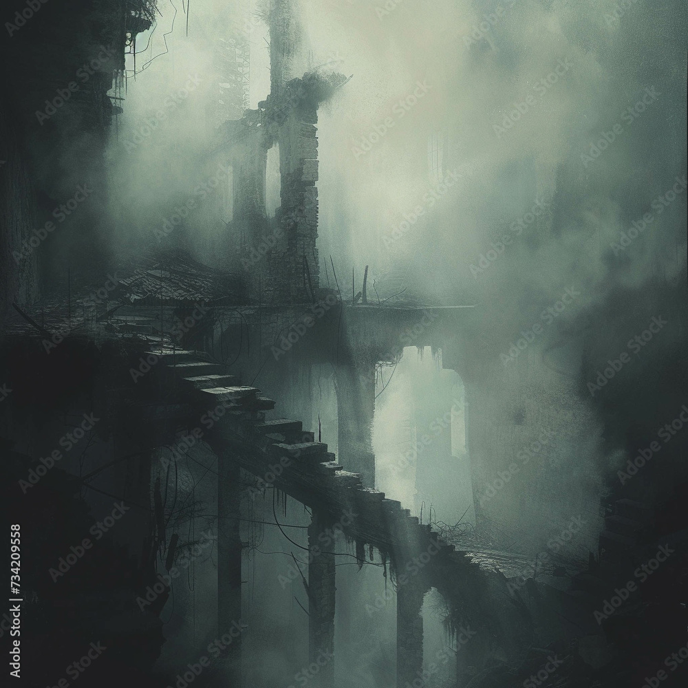 The mysterious allure of dark mist weaving its way through a grey ...
