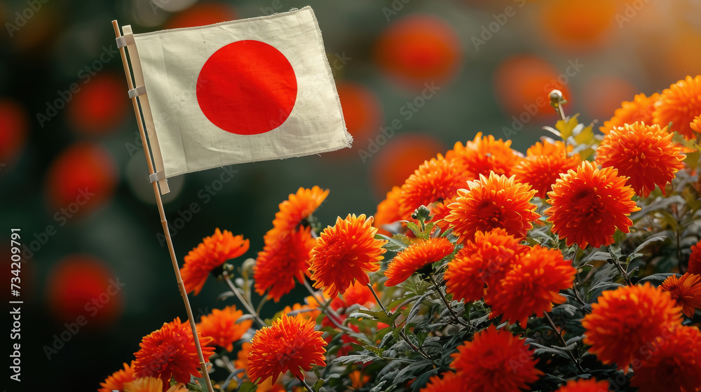 Japanese flag and symbol of Japan chrysanthemums, red circle, white ...