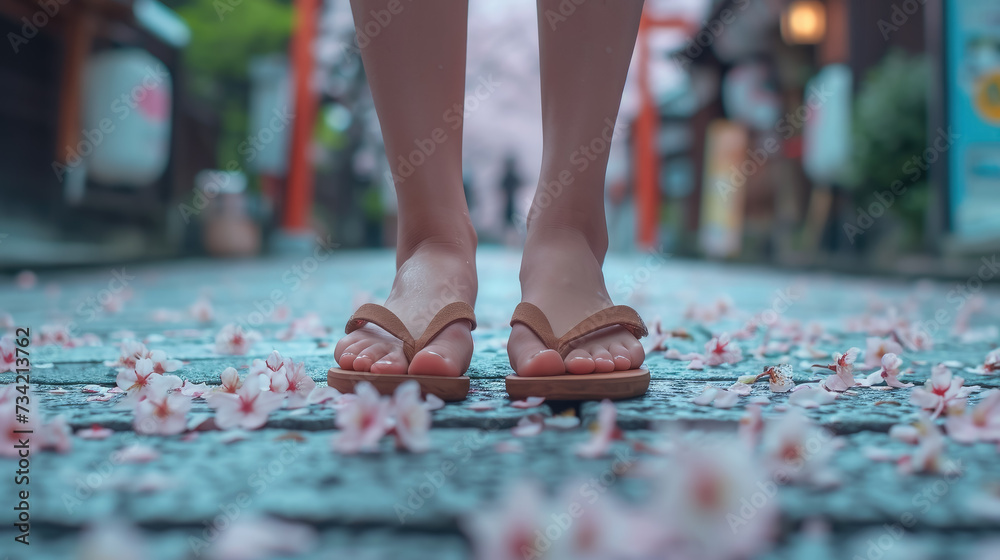 woman's feet in Japanese geta shoes, pink sakura flowers on the ground ...