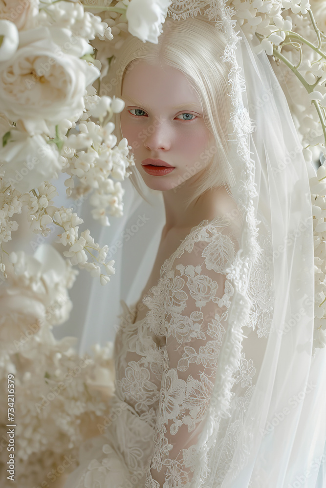 An ethereal albino bride in a delicate lace gown, surrounded by soft ...