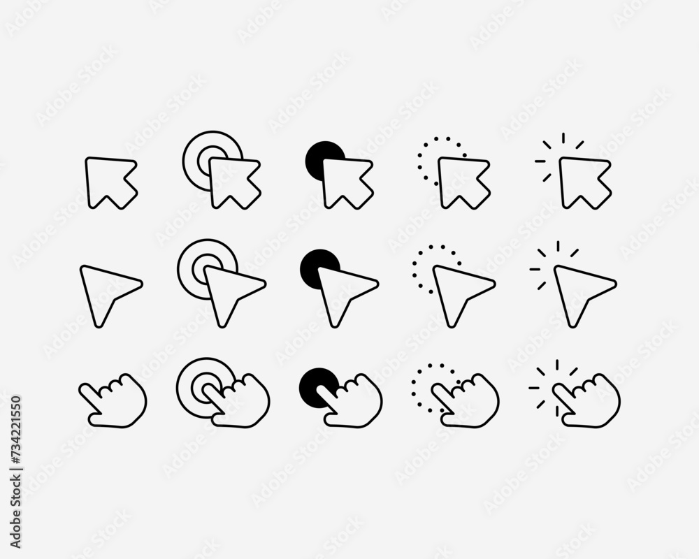 Cursor arrow hand clicking vector icon set. Basic flat design mouse ...