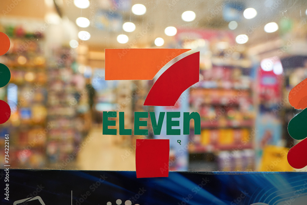 SINGAPORE - NOVEMBER 06, 2023: close up shot of 7-Eleven sign as seen ...