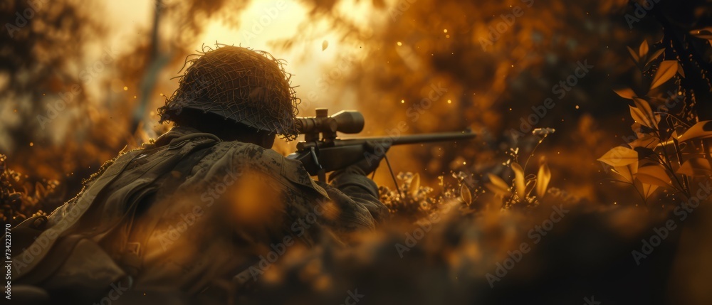 Point of View of a sniper soldier of the second world war wearing ...