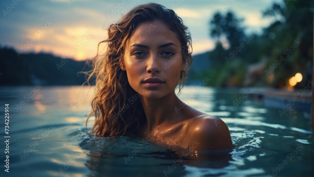 beautiful Woman enjoys serene swim in lagoon at dusk, nature's swimming ...