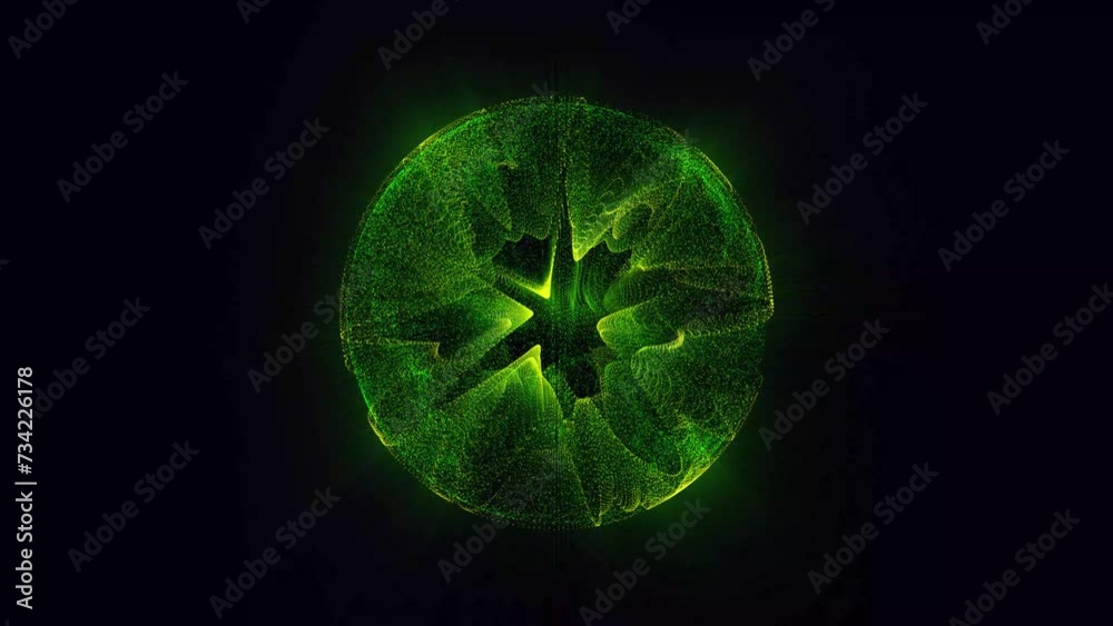 Abstract round sphere with green or yellow light, glowing brightly from ...