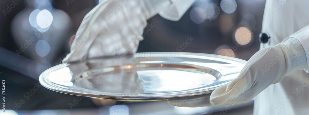 Waiter tray butler hand serve hold plate isolated white man silver ...