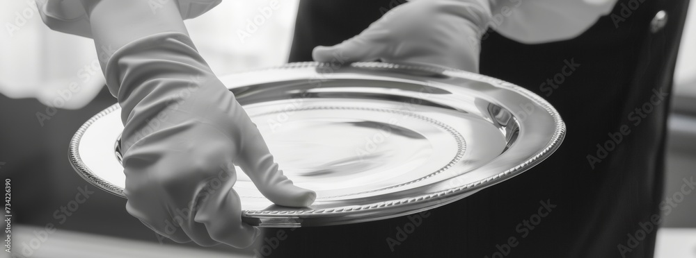 Waiter tray butler hand serve hold plate isolated white man silver ...
