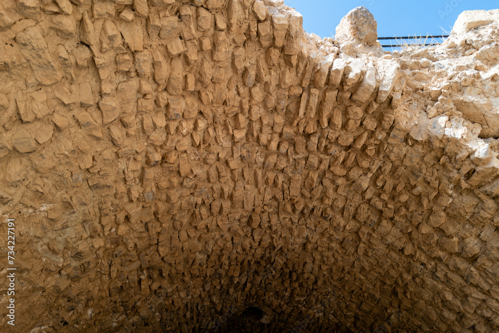 close up detail of crusader castle with dry desert heat. Rocks and ...