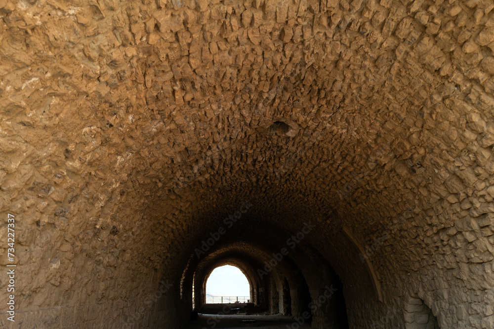 close up detail of crusader castle with dry desert heat. Rocks and ...