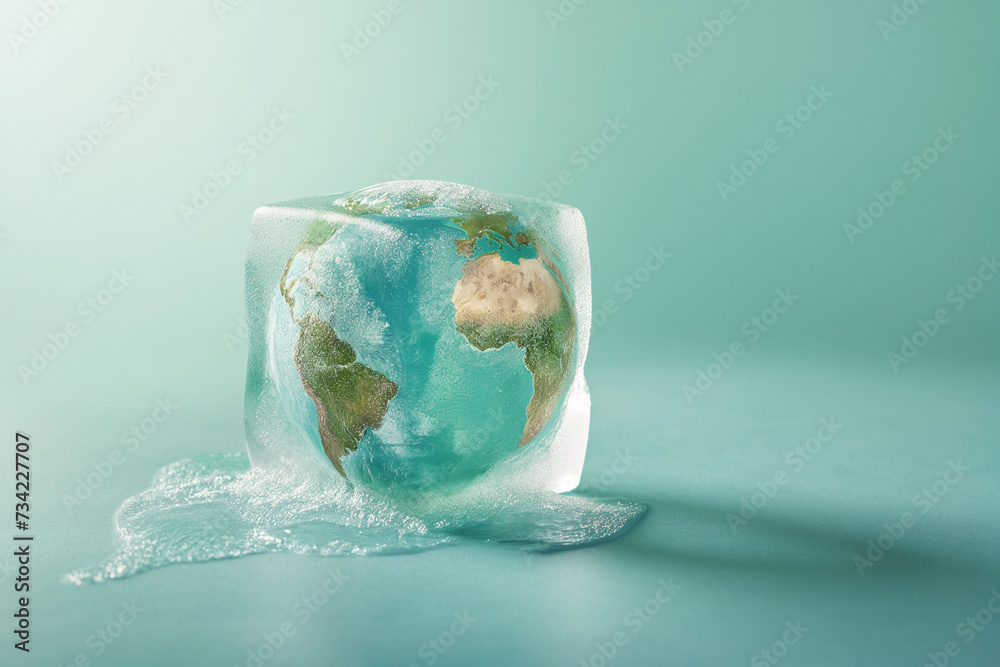 Frozen earth globe inside an ice cube on pastel background with copy ...