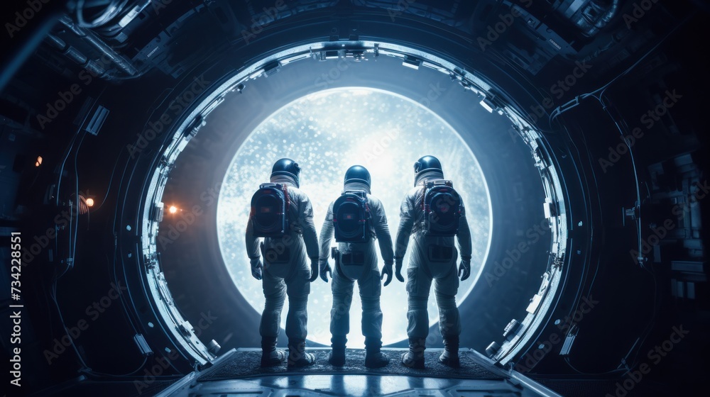 Team of astronauts in a space suits aboard the orbital station. A crew ...