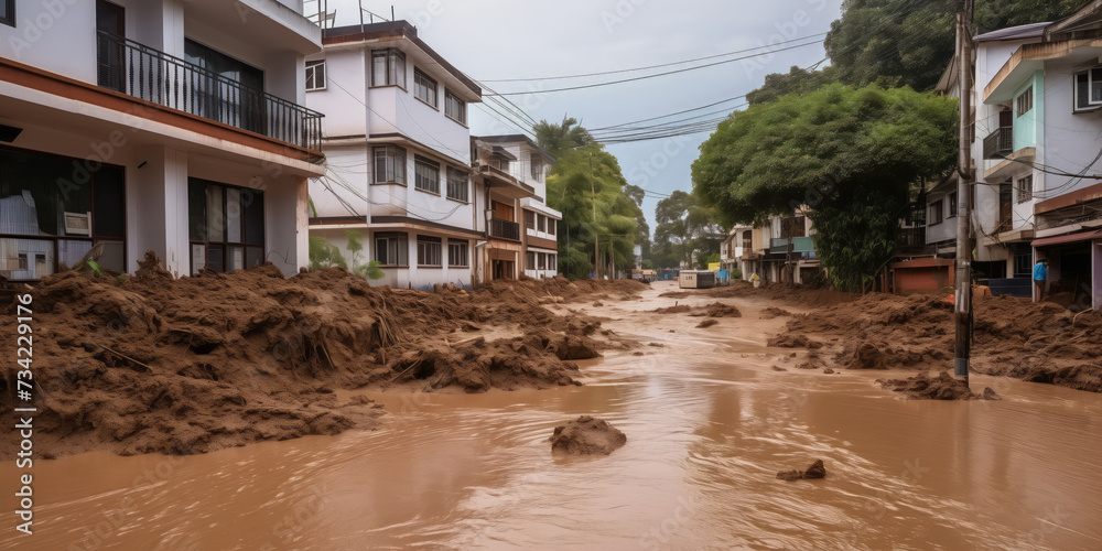 Concept natural disasters with storm wind and rain. Landslide and ...