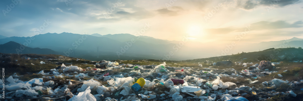 Garbage fills valley beneath serene sunset, highlighting environmental ...
