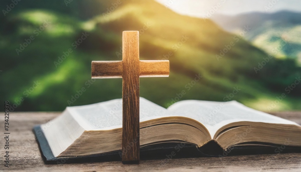 holy bible and cross on desk symbol of humility supplication believe ...