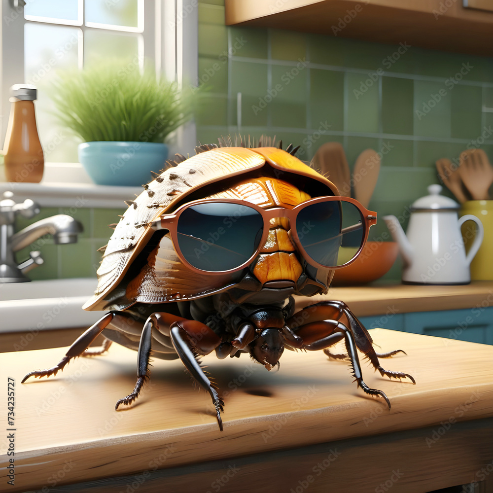 Nonsense surreal image: cockroach wearing sunglasses in a kitchen ...