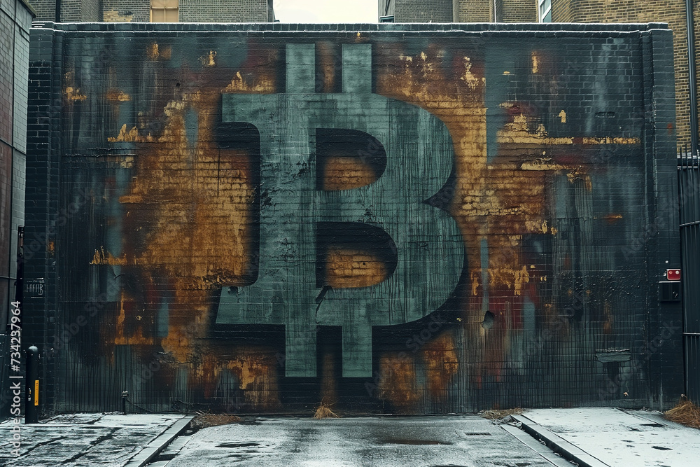 A large-scale mural of the Bitcoin logo, painted on a city wall in the ...