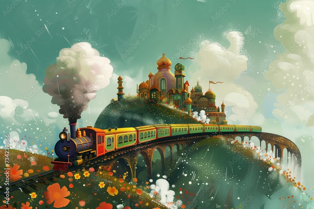 Illustrative Journey by Train: A Locomotive Crossing a Floral Bridge ...