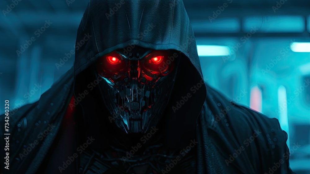 Evil skeleton robot in metal armor. Skull of futuristic evil cyborg in ...