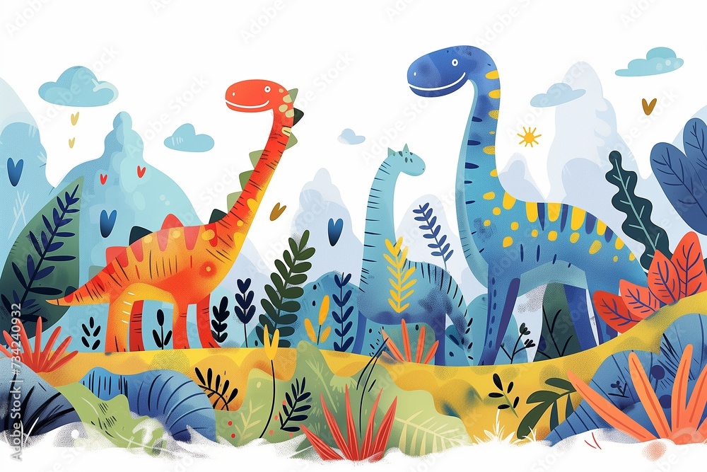Prehistoric Playtime: Colorful Dinosaurs Roaming a Whimsical Landscape ...