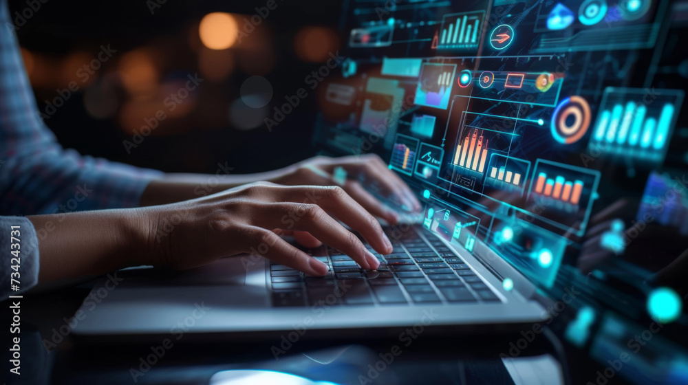 person's hands are seen typing on a laptop keyboard, with futuristic ...